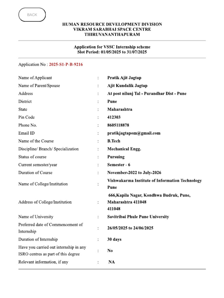 Vikram Sarabhai Space Centre Form | PDF