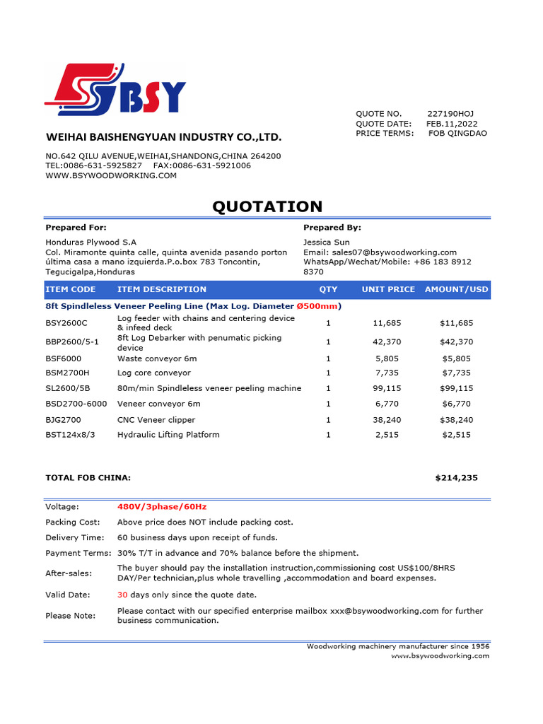 BSY Quotation-227190HOJ-8ft Peeling Line | PDF | Mechanical Engineering