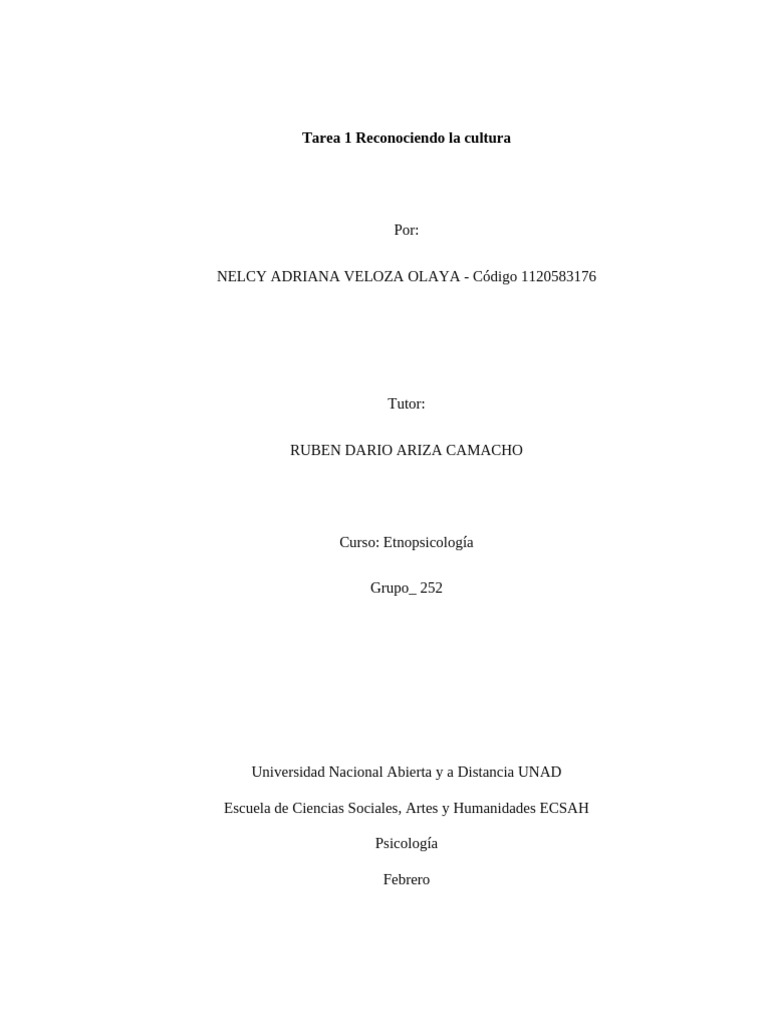 Tarea 1-Reconociendo La Cultura-Nelcy Adriana Veloza | PDF | Sicología ...