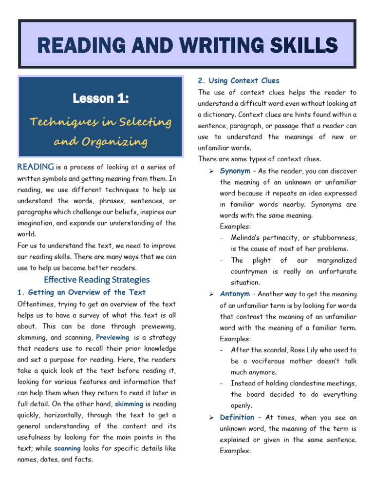 RWS Lesson 1 (Techniques in Selecting and Organizing) | PDF | Speed ...