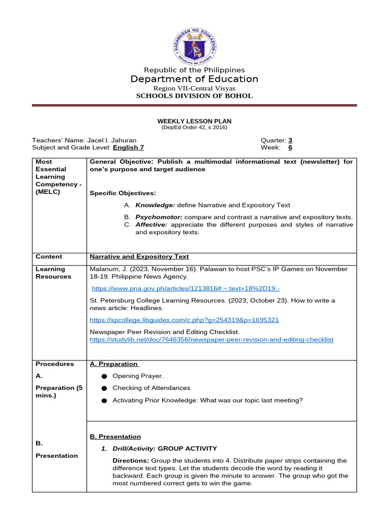 English 7 Weekly Lesson Plan: Text Types | PDF | Narrative | Essays