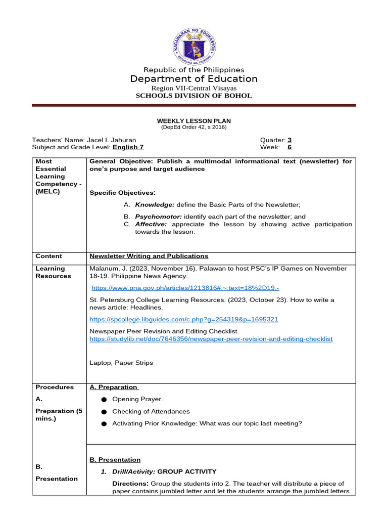 Iplan 7 Parts of Newsletter | PDF | Graphics | Human Communication