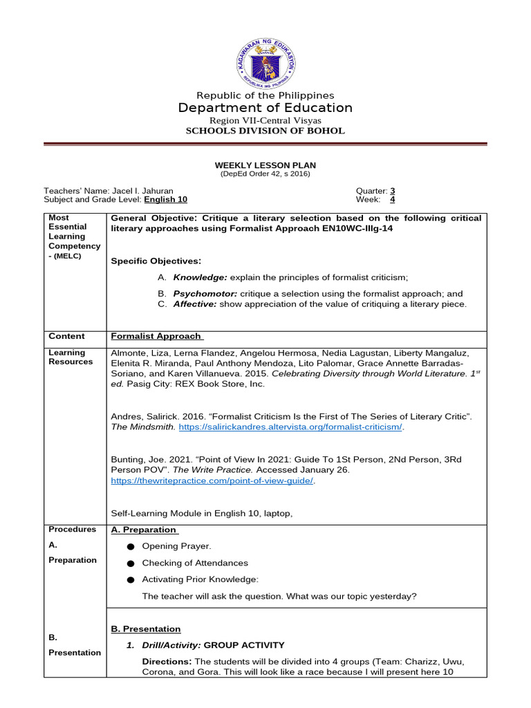 Grade 10 Formalist Approach Lesson Plan | PDF | Narration