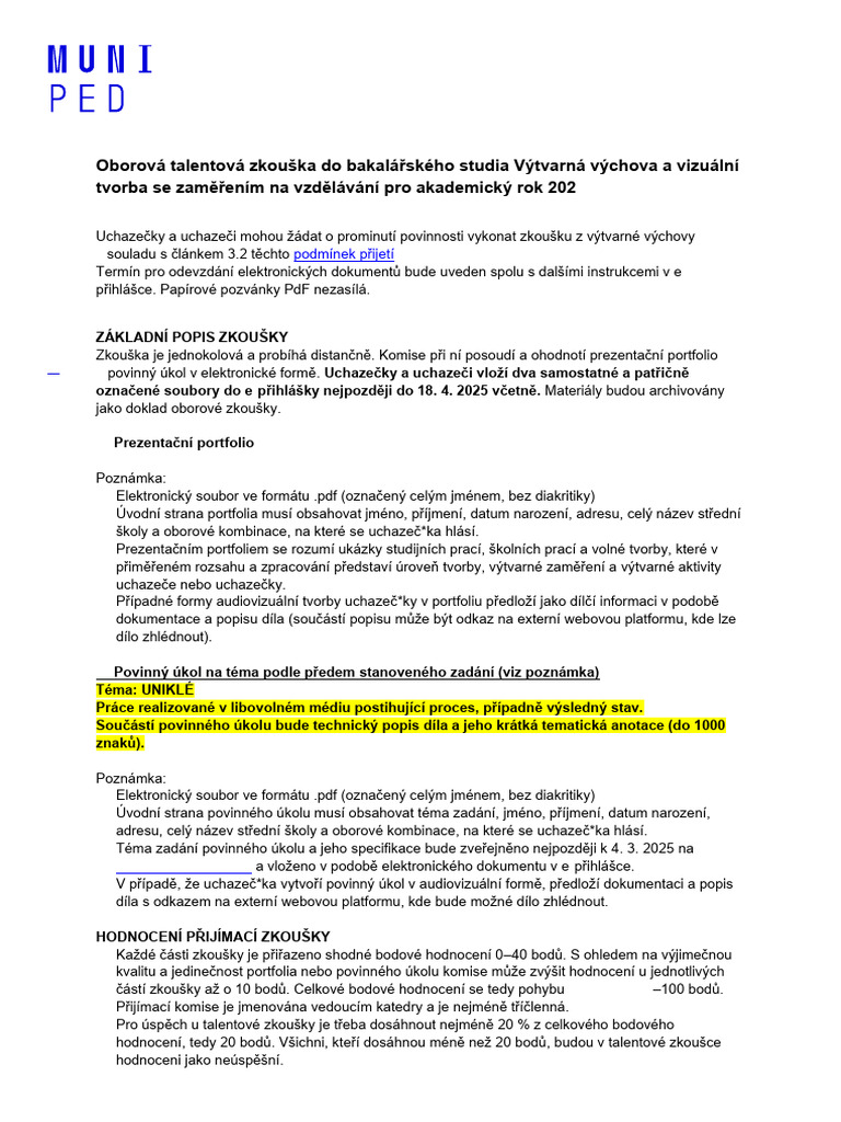 Oborová Talentová Zkouška Do Bakalářského Studia Výtvarná Výchova A ...