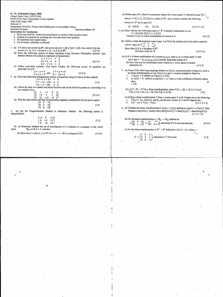 DY PYQ Math Linear Algebra 3 | PDF | Linear Map | Vector Space