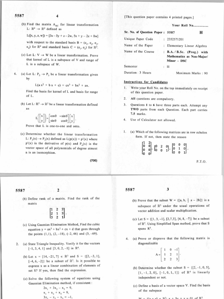 DY PYQ Math Linear Algebra | PDF | Matrix (Mathematics) | Vector Space