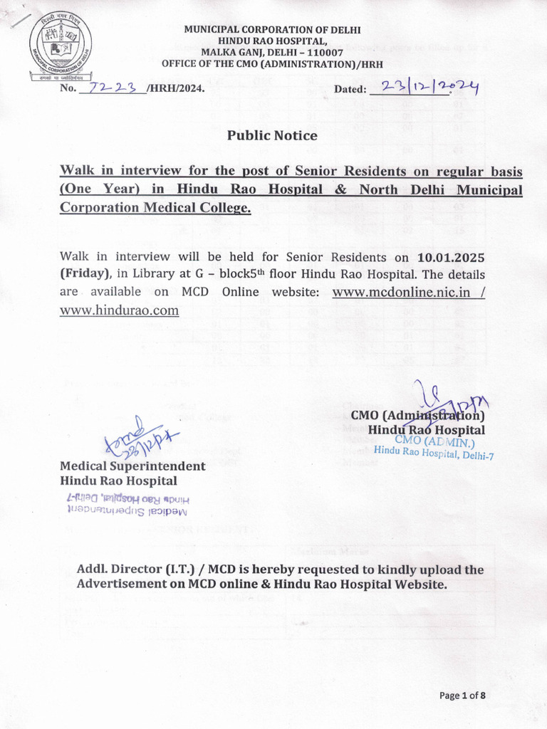 Advertisement of Walk-In-Interview For The Post of Senior Residents On ...