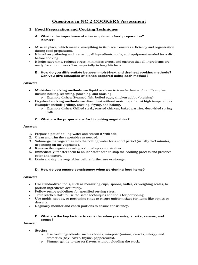 Questions in NC 2 Cookery Assessment Interview | PDF | Cooking | Stock ...