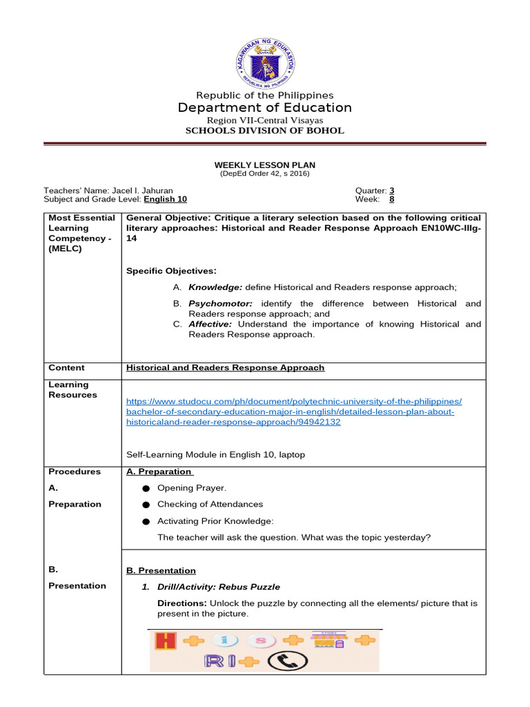English 10 Weekly Lesson Plan: Literary Approaches | PDF | Knowledge ...