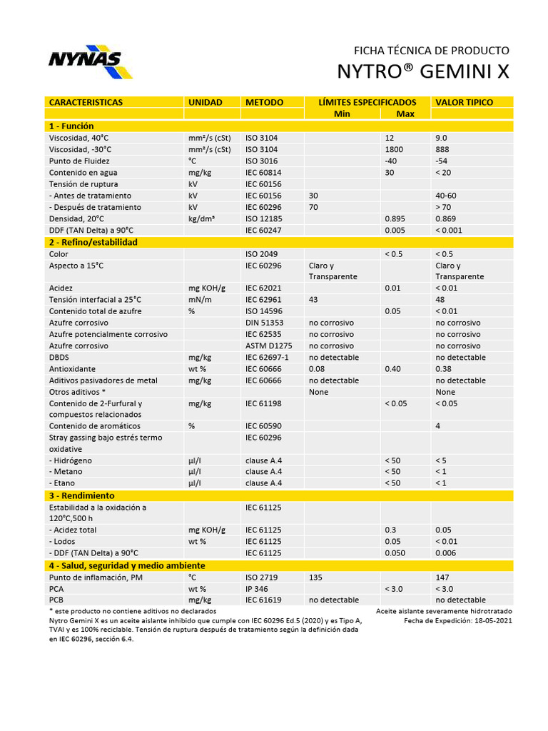 Aceite Aislante NYNAS NYTRO GEMINI X | PDF | Cantidad | Cantidades fisicas