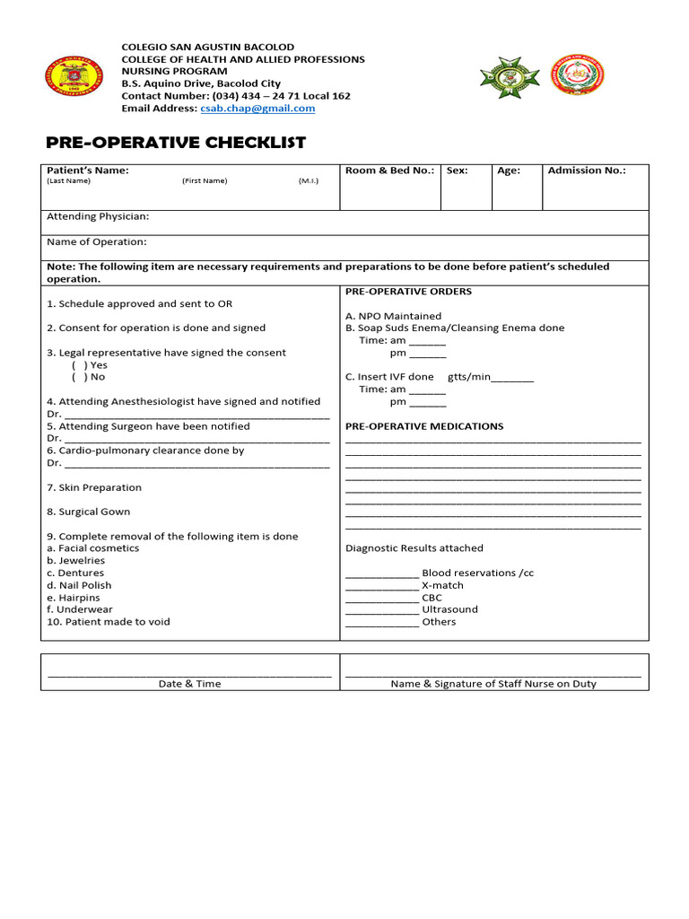 OR Forms Preop Checklist | PDF | Surgery | Health Care