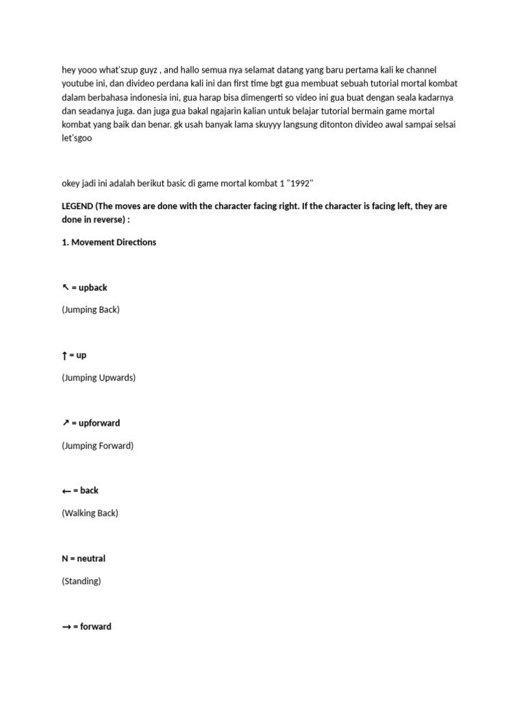 Tutorial Basic Moves Mortal Kombat 1 92 Indonesia | PDF