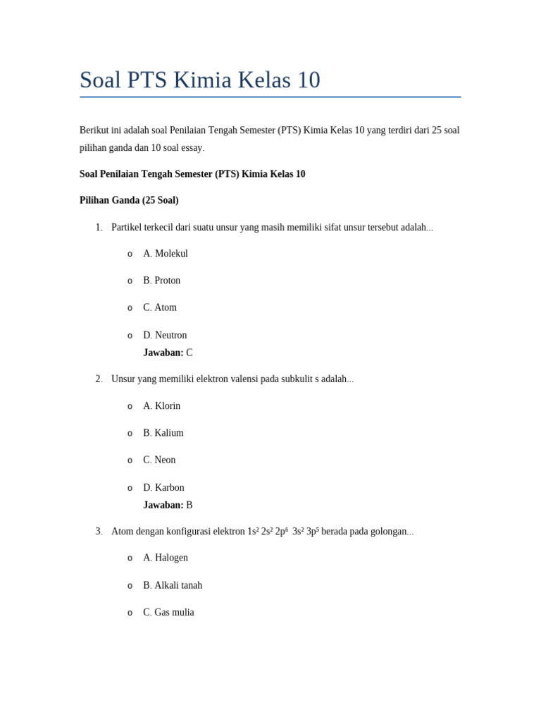 Soal PTS Kimia Kelas 10 Updated | PDF