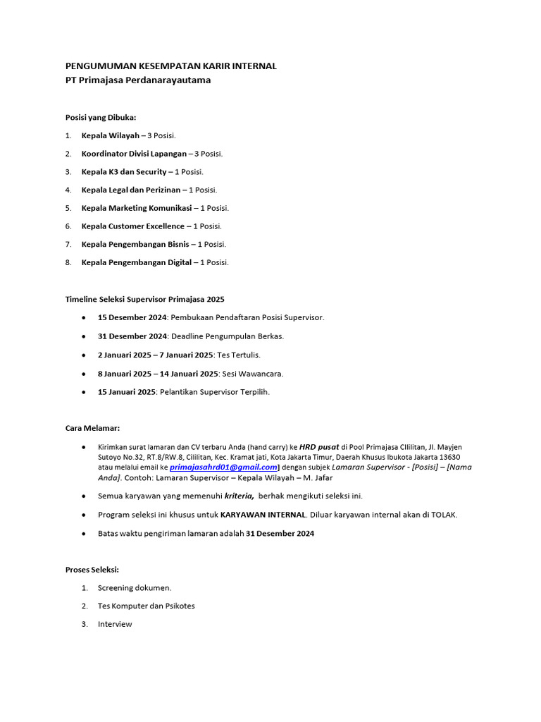 Pengumuman Kesempatan Karir Internal - Primajasa Desember 2024 (Rev 16 ...