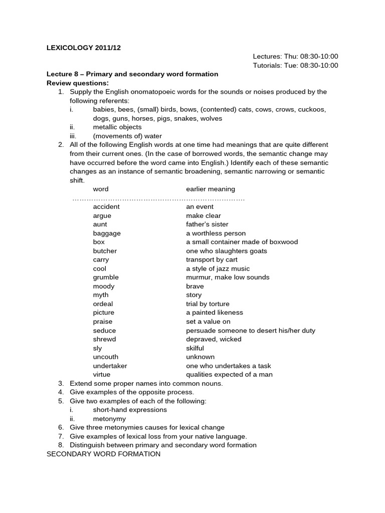 LEXICOLOGY Tutorial 8 | PDF | Word | Linguistics