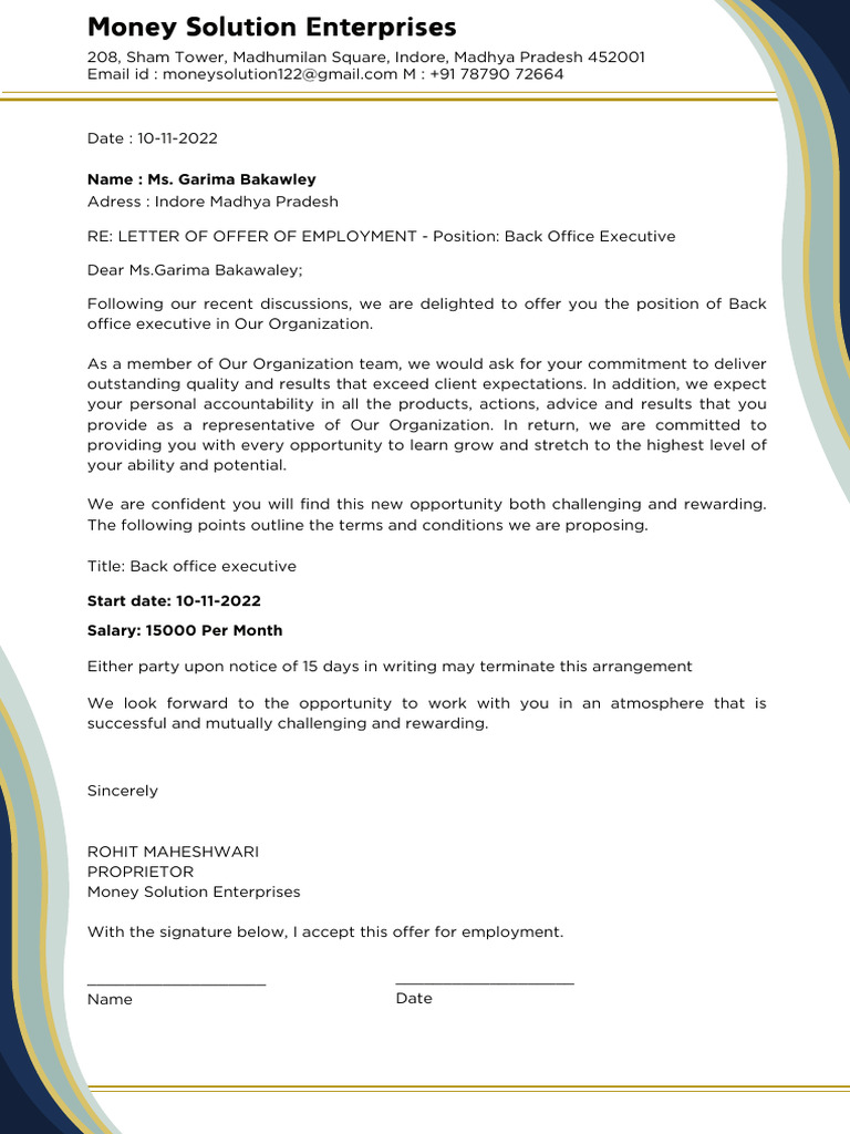 Employment Offer for Back Office Executive | PDF