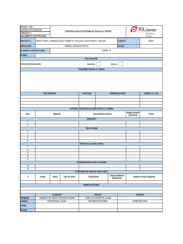 Pp-F-Elec-001 Construcción de Sistema de Puesta A Tierra v.0 | PDF