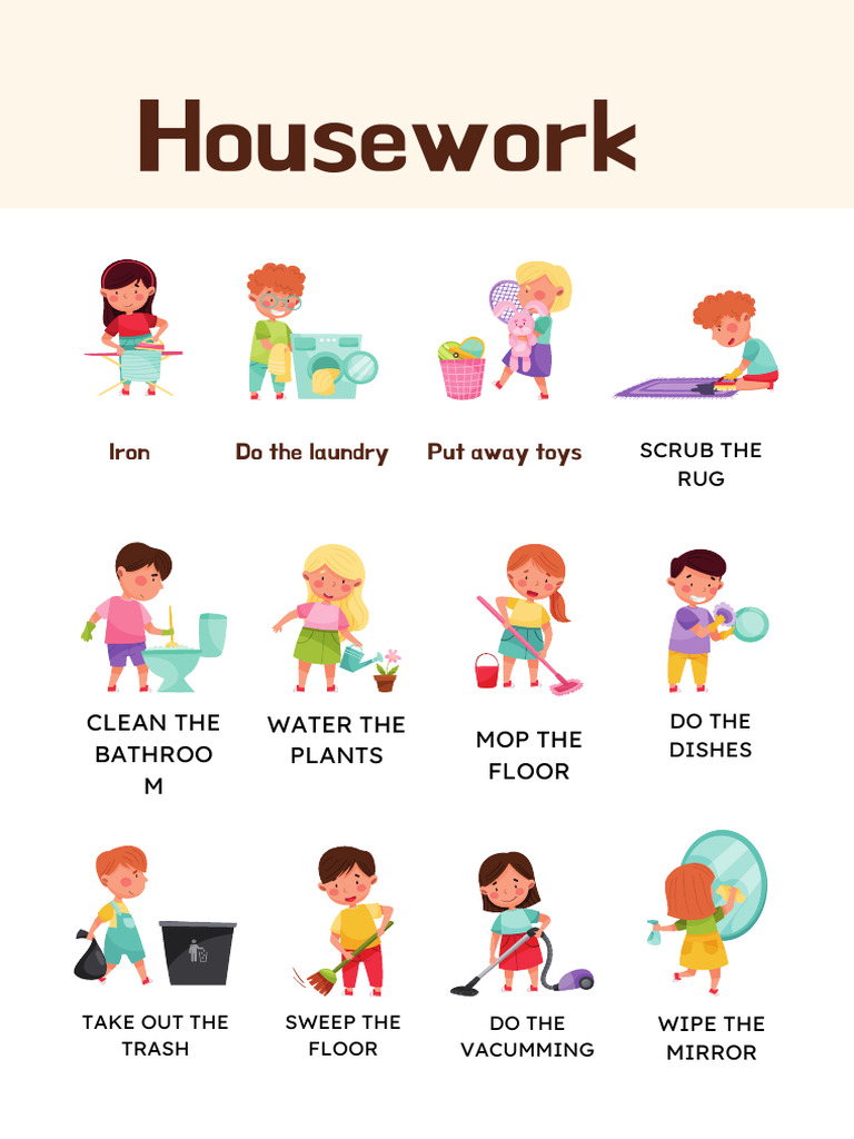 Housework Vocabulary Poster in Cream and Brown Illustrative Style | PDF