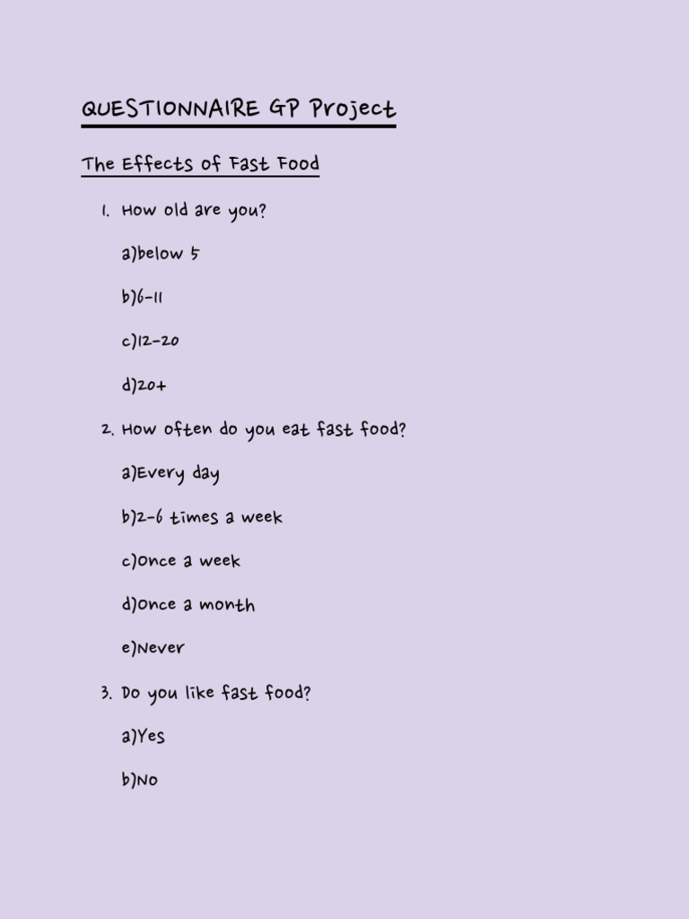 The Effects of Fast Food Questionnaire | PDF