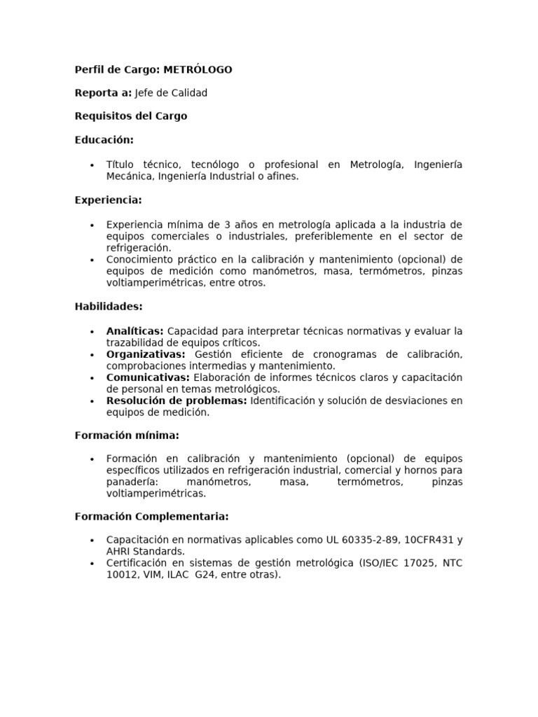 Perfil de Cargo Metrólogo | PDF | Metrología | Laboratorios
