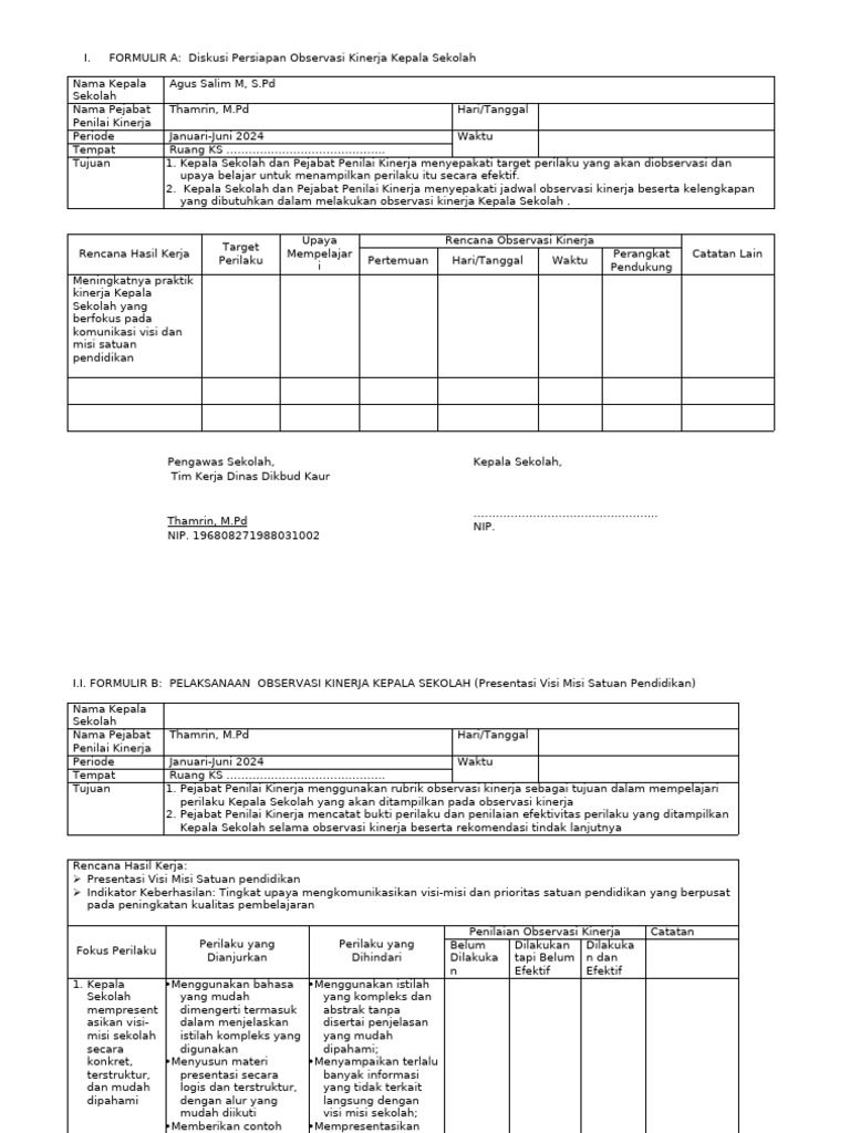 Instrumen Observasi Kinerja Kepsek Di PMM, Thamrin | PDF