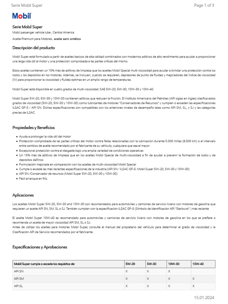 Ficha Técnica - Mobil Super 10W-30 | PDF | Lubricante | Petróleo