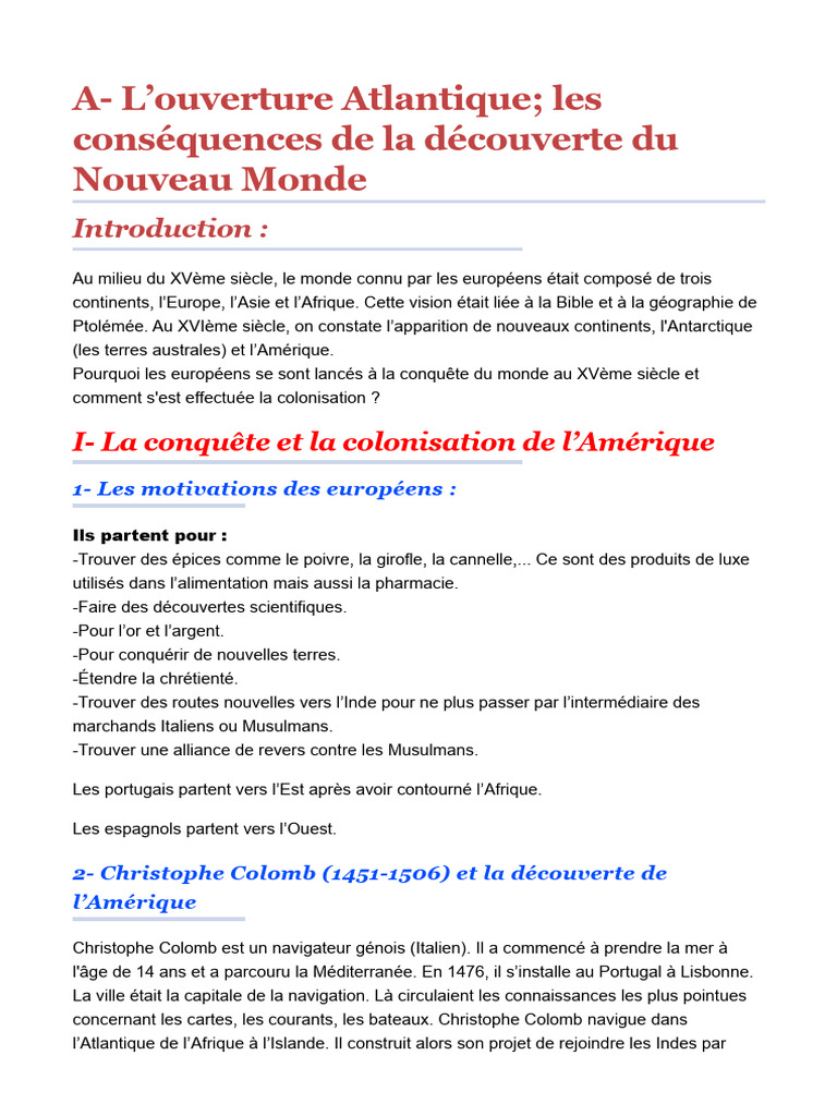 L'ouverture Atlantique Les Conséquences de La Découverte Du Nouveau ...