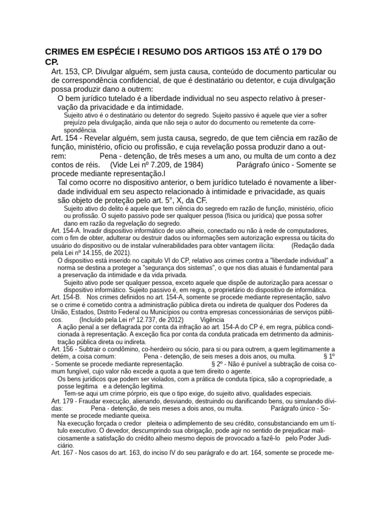 Crimes em Espécie I Resumo Dos Artigos 153 Até o 179 Do Cp. | PDF | Crimes | Crime e Violência
