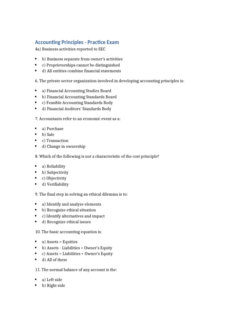 Accounting Principles Practice Exam | PDF | Debits And Credits ...