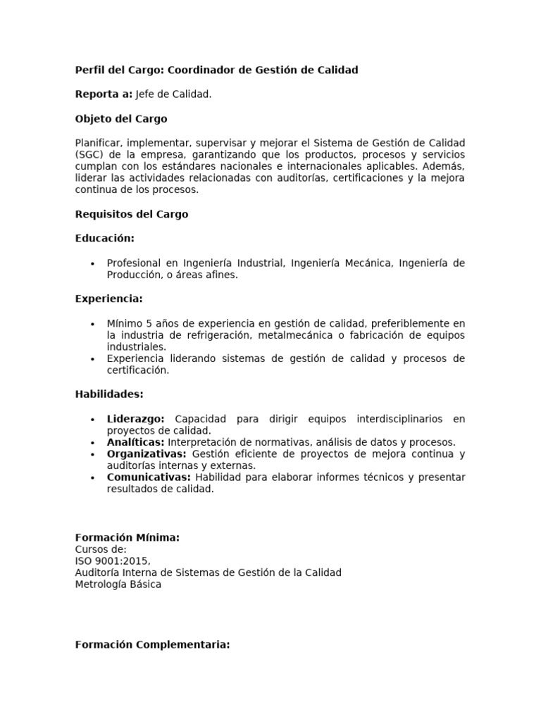 Perfil Del Cargo Coordinador de Gestión de Calidad | PDF | Sistema de manejo de calidad ...
