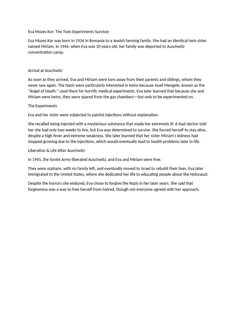 Eva Mozes Kor: Survivor of Twin Experiments | PDF