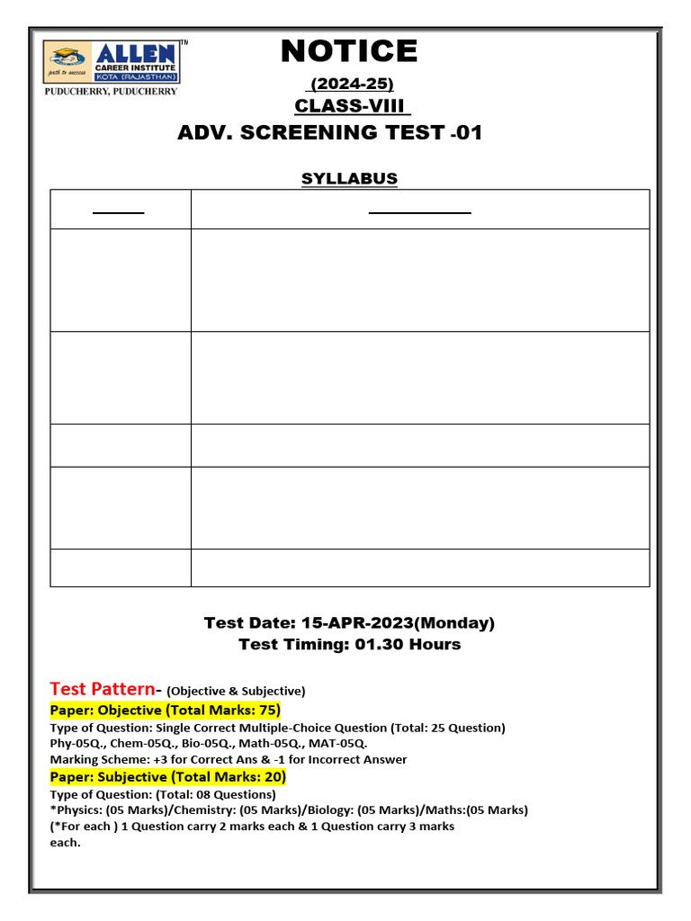 Class VIII Adv. Screening Test 2024-25 | PDF