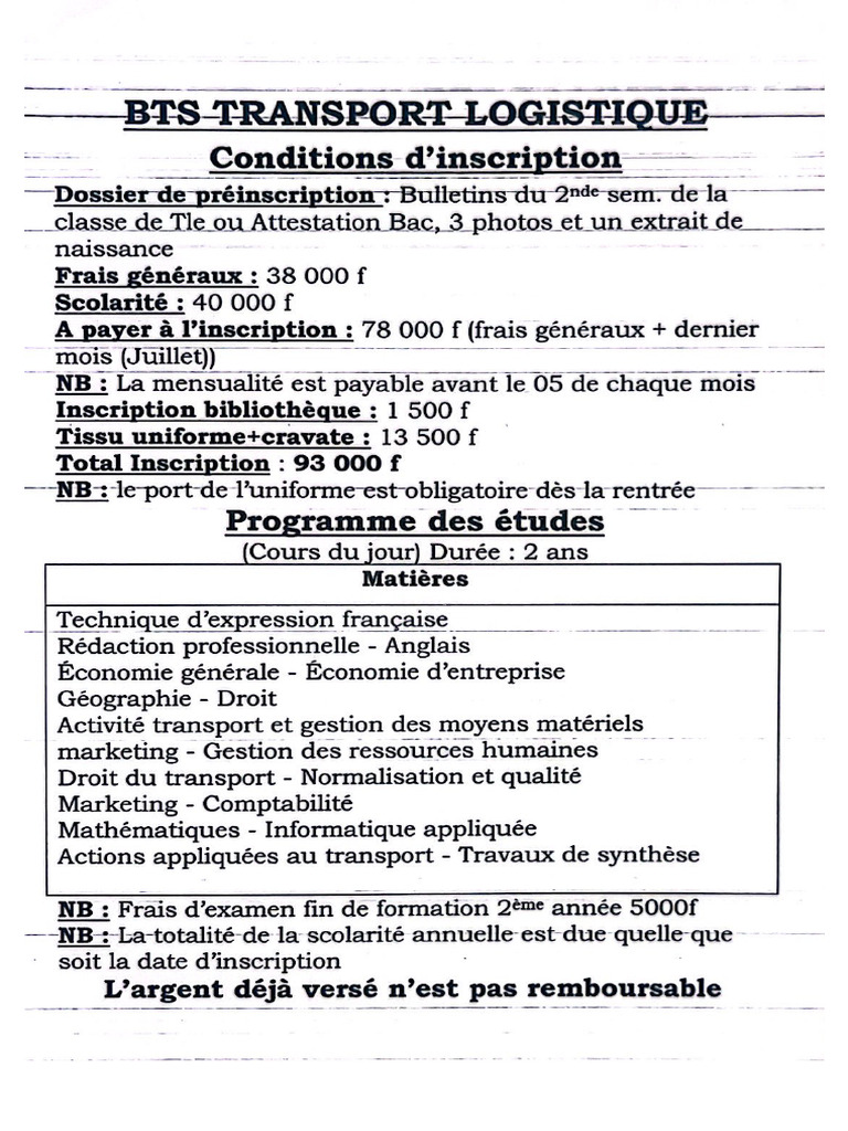 FICHE-BTS-TRANSPORT-LOGISTIQUE | PDF