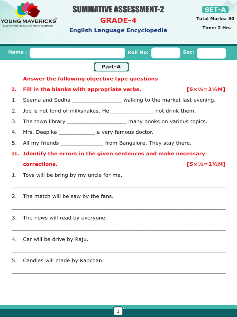 SA-2 Grade-4 English QP Set-A | PDF | Grammatical Tense | Linguistics