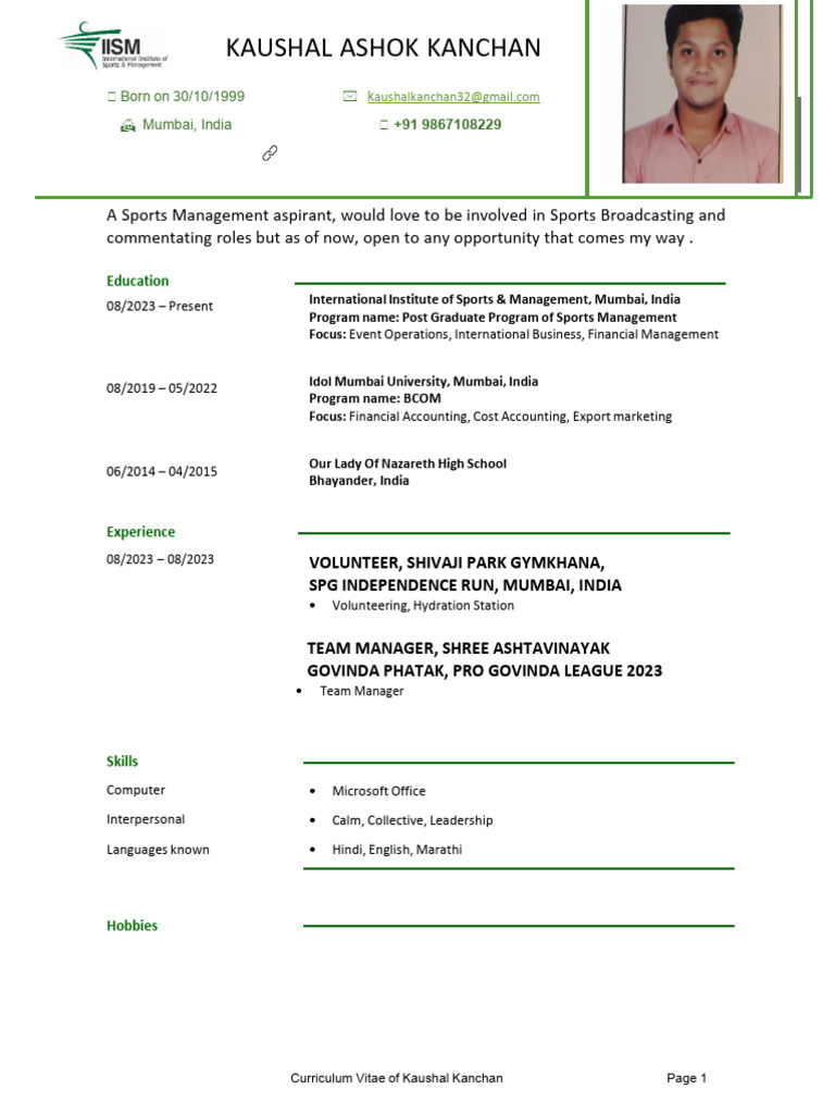 Kaushal Kanchan's Sports Management CV | PDF