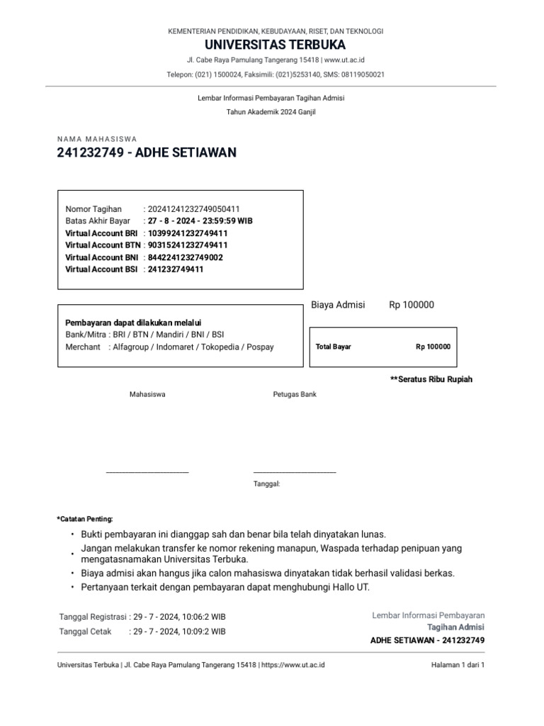 Registrasi UT Adhe | PDF