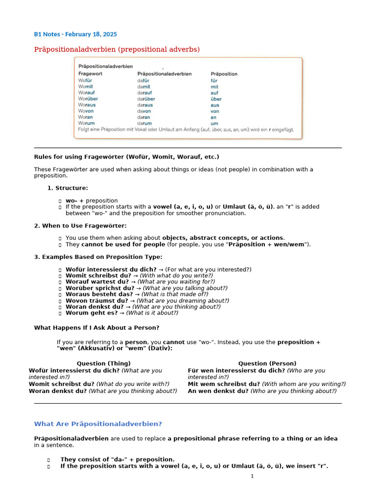 B1 Notes - February 18, 2025 - Präpositionaladverbien | PDF | English ...