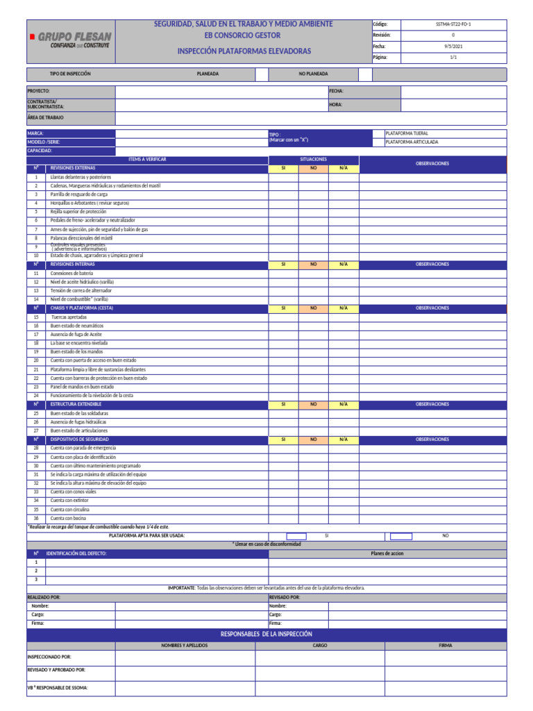 SSTMA-ST22-FO-1 Insp. Plataformas Elevadoras | PDF | Tecnología de vehículos | Vehículo de motor