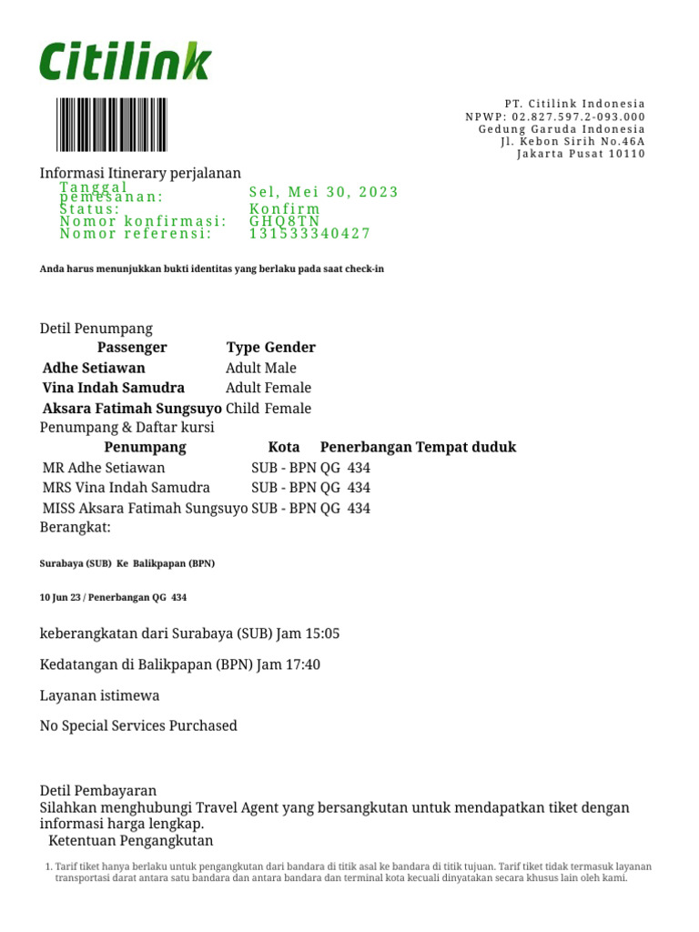 Eticket Citilink 10 Juni 2023 AVS | PDF