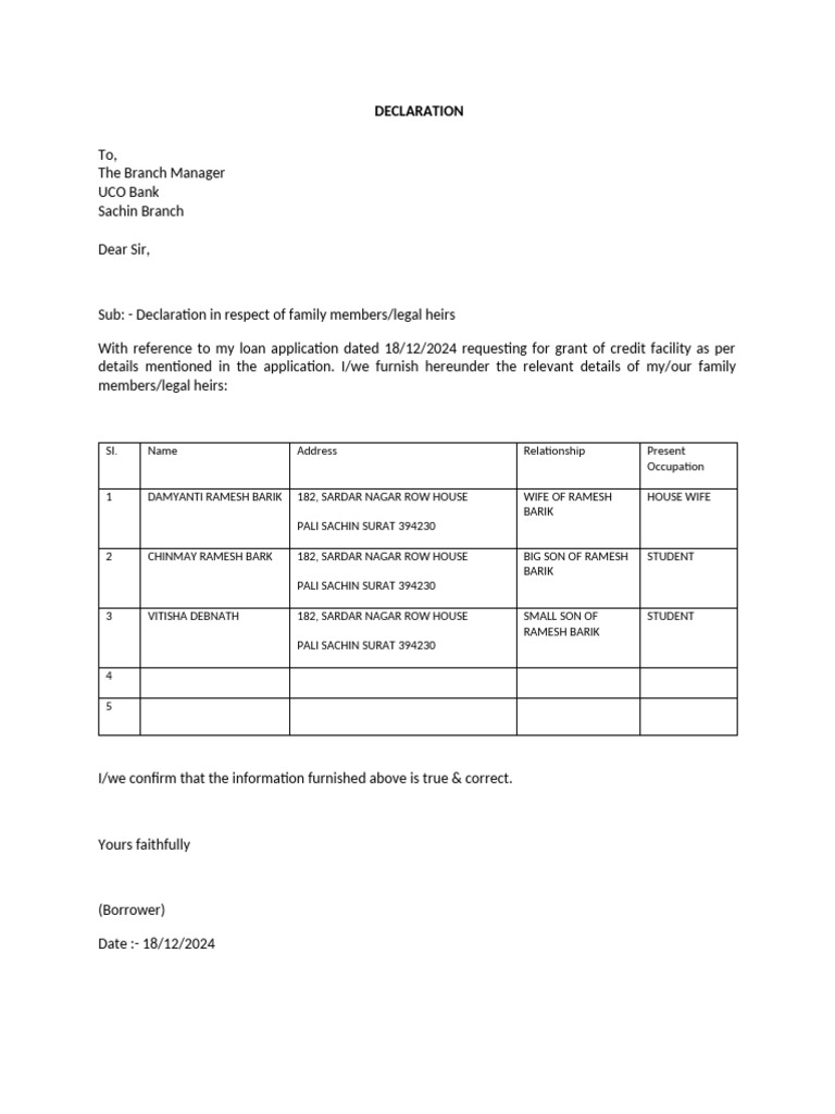 Family Declaration for Loan Application | PDF | Credit | Finance ...