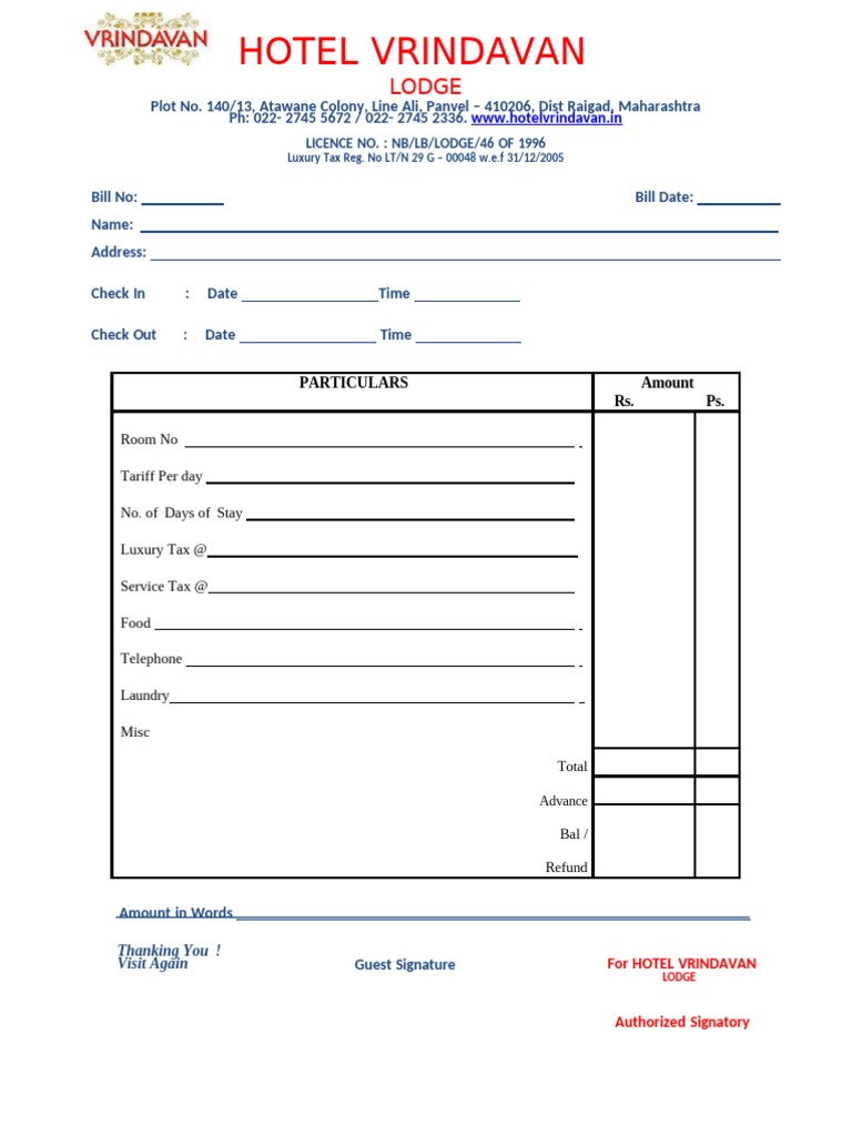 Hotel Vrindavan Lodge Bill Format | PDF
