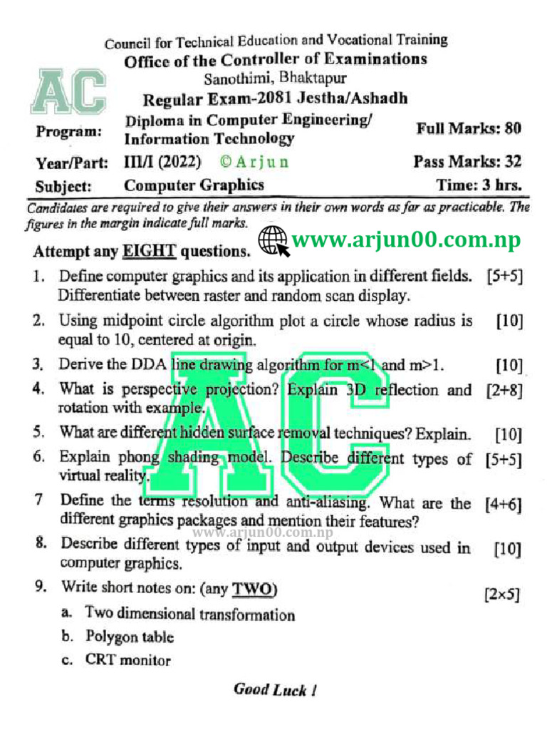 Computer Graphics Past Papers Online | PDF