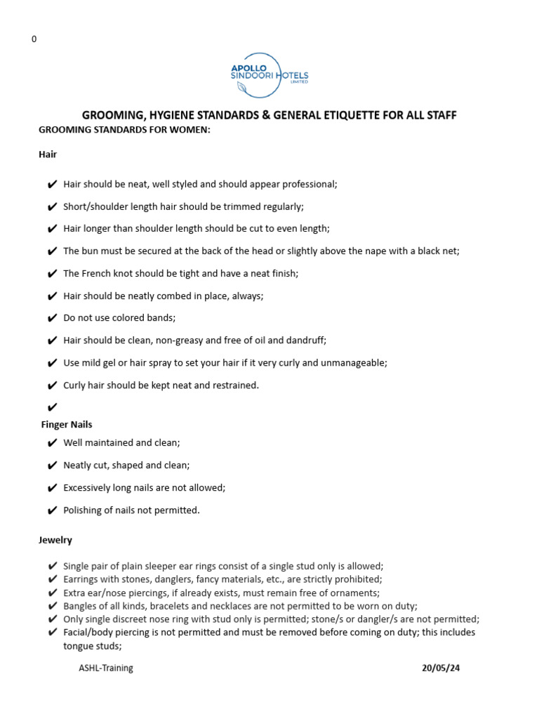Staff Grooming and Hygiene Standards | PDF | Shoe | Nail (Anatomy)
