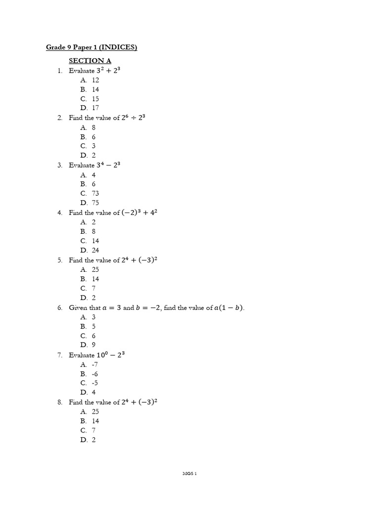 Grade 9 Indices Practice Questions | PDF