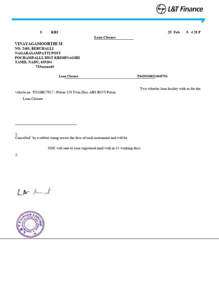 Loan Closure Certificate for Two-Wheeler | PDF