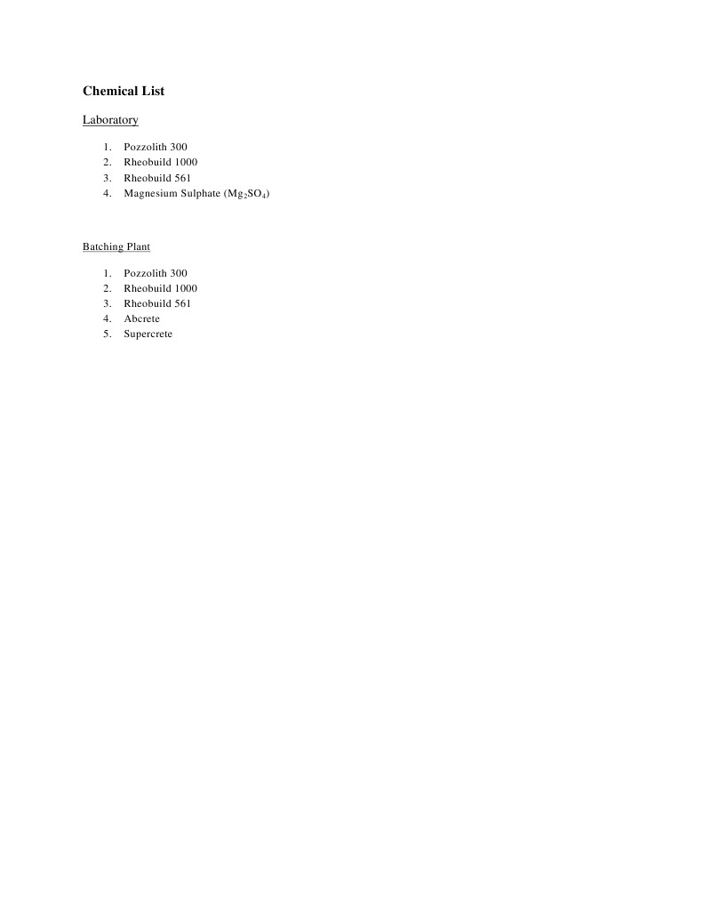 Chemical List for Labs and Batching Plants | PDF