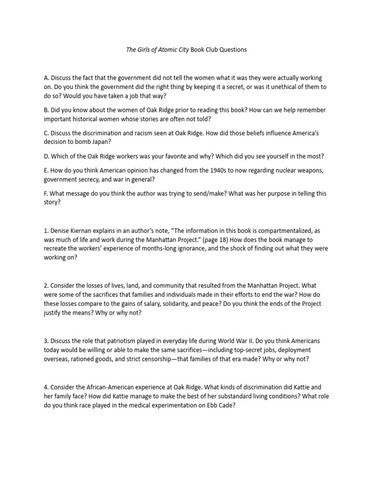 The Girls of Atomic City Book Club Questions led by Shirley Duke.docx ...