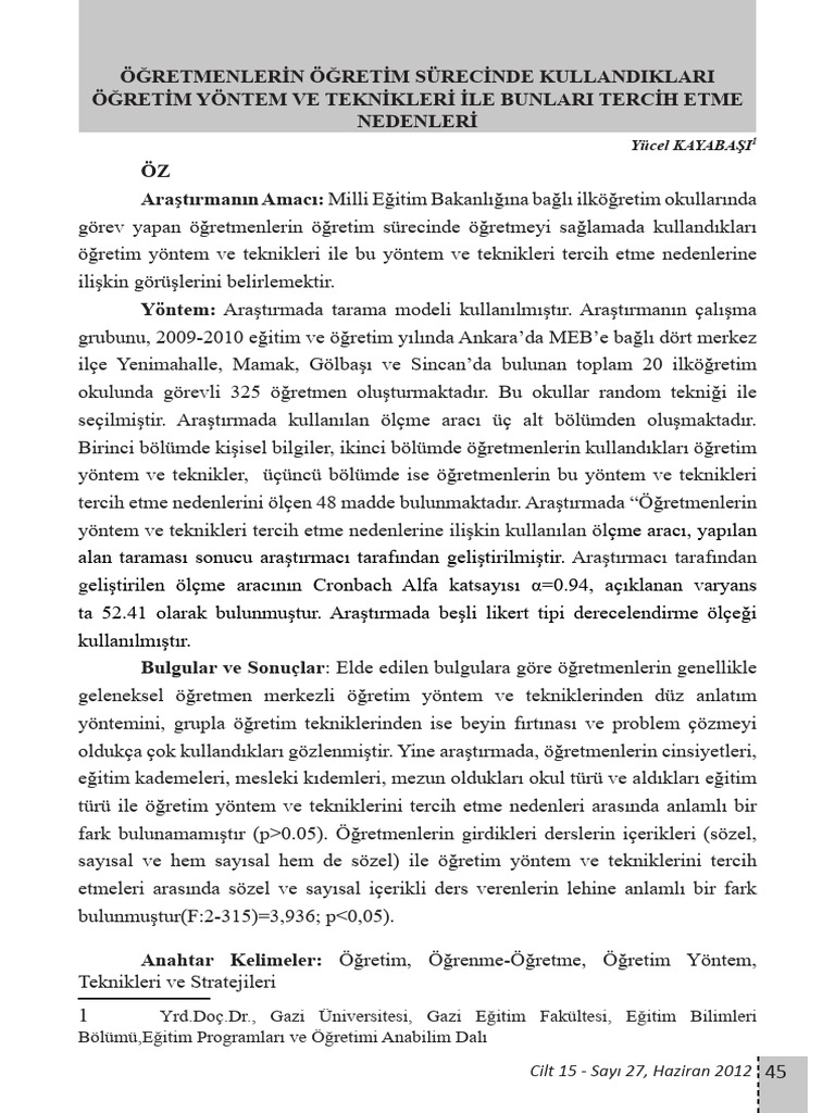 Retmenler N Ret M S Rec Nde Kullandiklari Ret M y Ntem Ve Tekn Kler Le Bunlari Terc H Etme ...