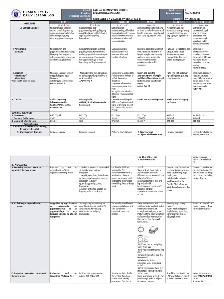 DLL - All Subjects 2 - Q4 - W2 - D2 | PDF | Mass | Weight