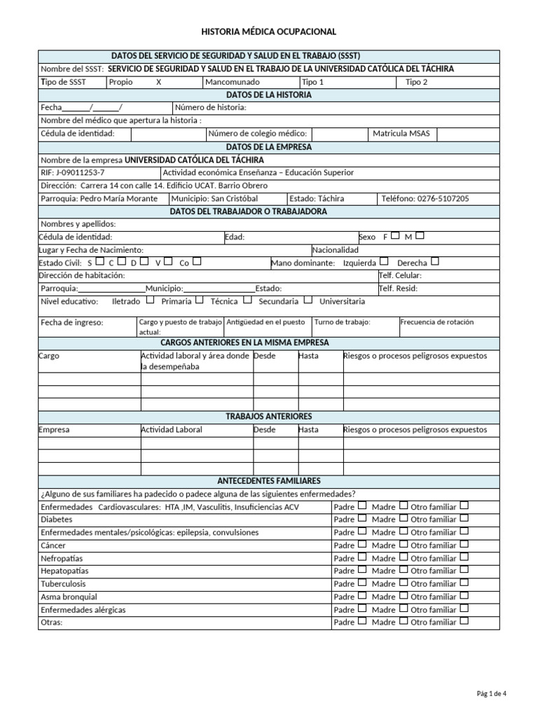Historia Medica Ocupacional Formato Inpsasel 1 | PDF | Especialidades ...